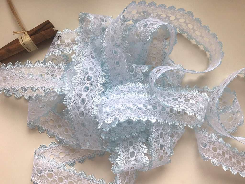 White/Blue Eyelet Knitting Lace 35mm www.thelaceco.co.uk – The Lace Co.