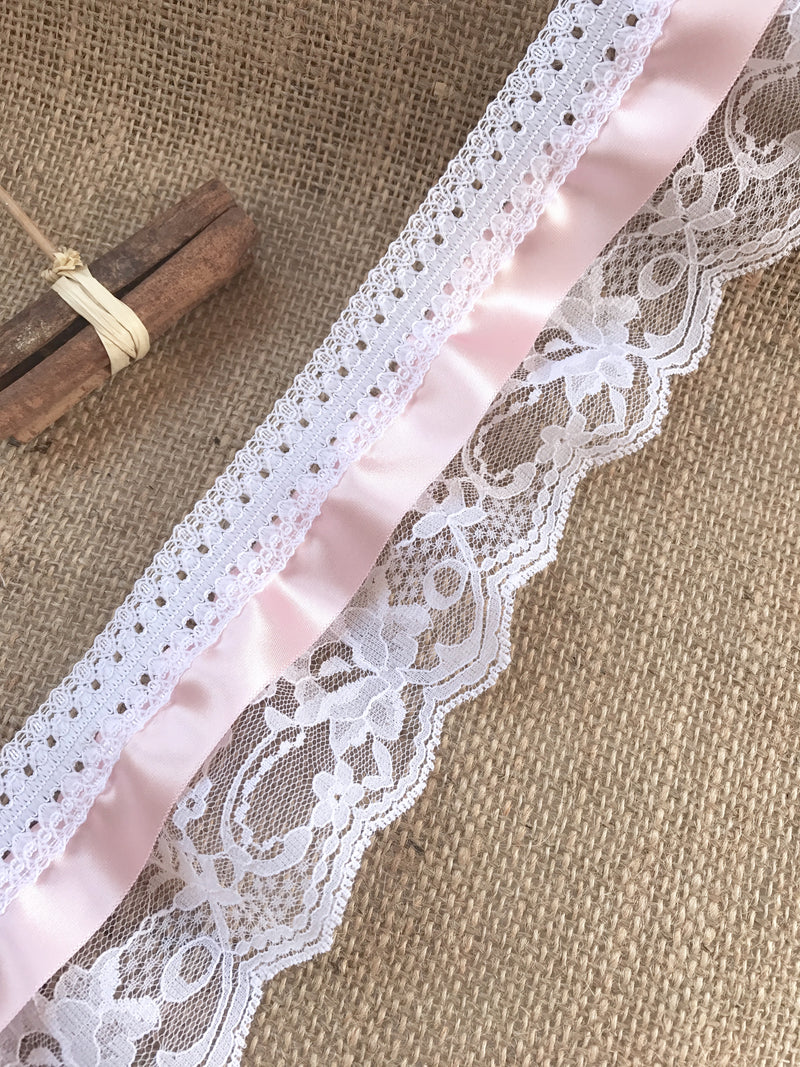 White Pink Gathered Lace with Ribbon 3.5 9 cm www.thelaceco The Lace Co